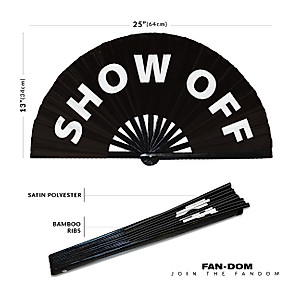 Show Off hand fan foldable bamboo circuit hand fan funny gag slang words expressions statement gifts Festival accessories Rave handheld Circuit event fan Clack fans (Black)
