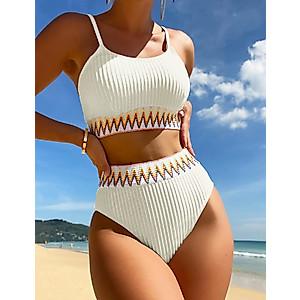 Zuvebamyo Women's High Waisted Swimsuit Two Piece Ribbed Bikini Sets Crop Top High Cut Cheeky Bathing Suits White S