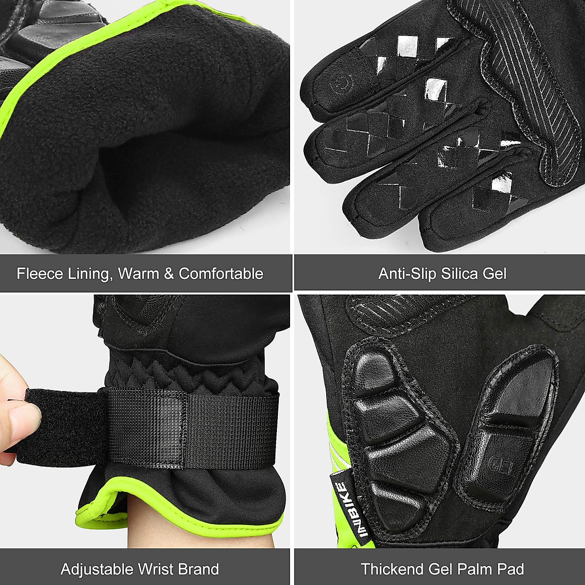 INBIKE Cycling Winter Gloves,for Men Windproof Reflective Thermal Gel Pads Touch Screen MTB Mountain Bike Green Large