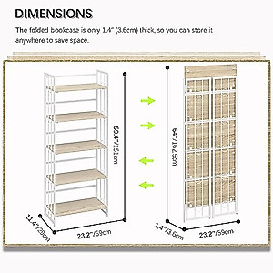 4NM No-Assembly 5 Tiers Folding Bookshelf Storage Shelves Vintage Bookcase Standing Racks Study Organizer Home Office - Natural and White