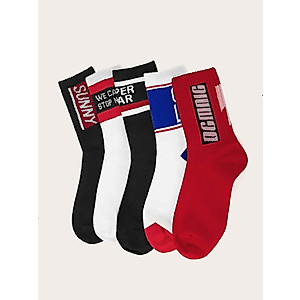 OYOANGLE Men's 5 Pairs Men Letter Graphic Crew Socks Casual Sports Socks Multicolor one-size