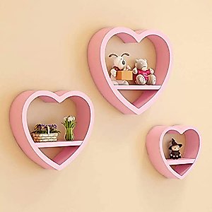 Set of 3 Heart-Shaped Floating Hexagon Shelves Set Wall Bracket Gloss Display Shelf Rack for TV DVD (Color : Pink)