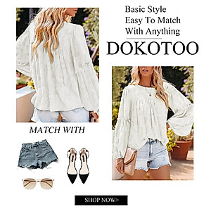 Dokotoo Women’s Floral Textured Babydoll Blouses for Women Lantern Long Sleeve Crewneck Summer Lace Tops Casual Loose Flowy Shirts for Women White Medium