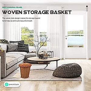 Operitacx Baskets Rattan Wastebasket Round Waste Bin with Lid Farmhouse Trash Can Garbage Container Laundry Sundries Bins for Kitchen Living Room Bedroom Bathroom Straw Container