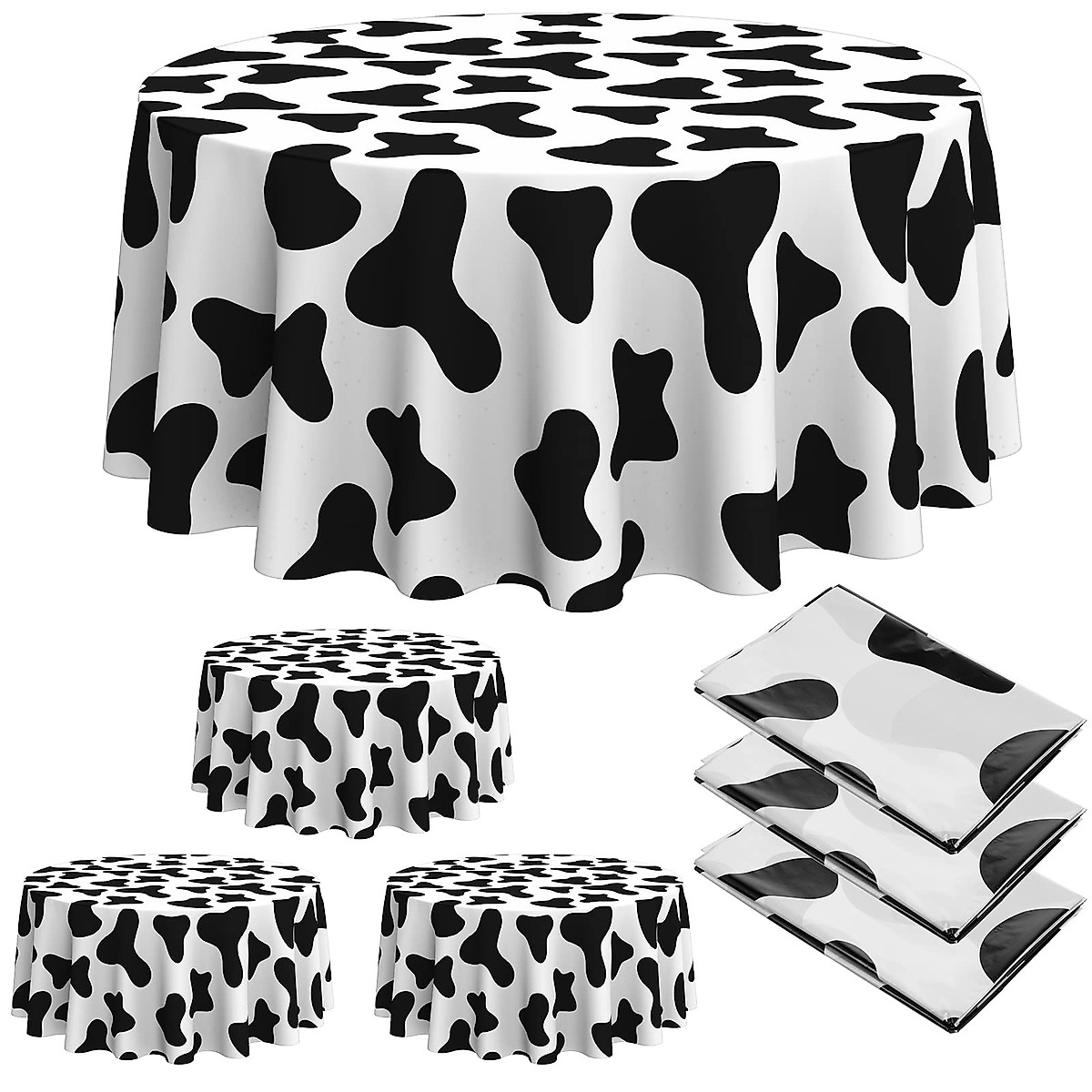 Oudain 6 Pcs 84'' Cow Tablecloth Round Tablecloth Plastic Washable Table Cloth Disposable Stain Resistant Table Cover for Picnic Camping Party Xmas Kitchen Dining Table(Black, Simple Style, 6 Pcs)