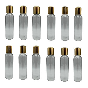 Natural Farms 4 oz Clear Cosmo Plastic Bottles -12 Pack Empty Bottle Refillable - BPA Free - Essential Oils - Aromatherapy | Gold Disc Caps - Made in the USA