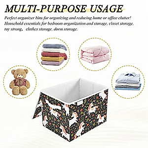 SUABO Cute White Unicorns Flowers Storage Bin with Lid Large Oxford Cloth Storage Boxes Foldable Home Cube Baskets Closet Organizers for Nursery Bedroom Office