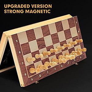 15" x 15" Magnetic Wooden Folding Chess Set with 2 Extra Queens, Handmade Game Board Interior for Storage for Adult Kids Beginner Large Chess Board