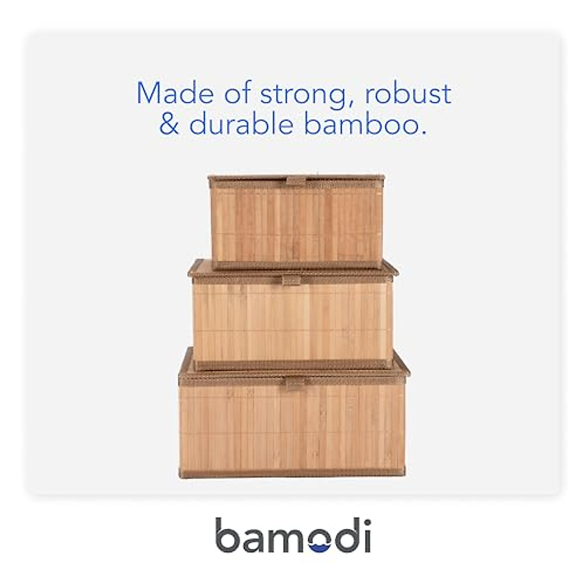 Bamboo Decorative Storage Boxes With Lids - Nesting Rectangular Lidded Box for Organization - Stackable Basket with Cloth Liner - Organizer for Toys, Home, Office - Woven Basket - Set of 3