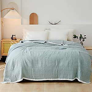Cotton Muslin Throw Blanket for Adults Queen 78" x 90" Lightweight 100% Cotton Blankets 4 Layer Cozy Wrinkled Super Soft for Bed,Couch & Sofa,All Season Bedding, Cyan