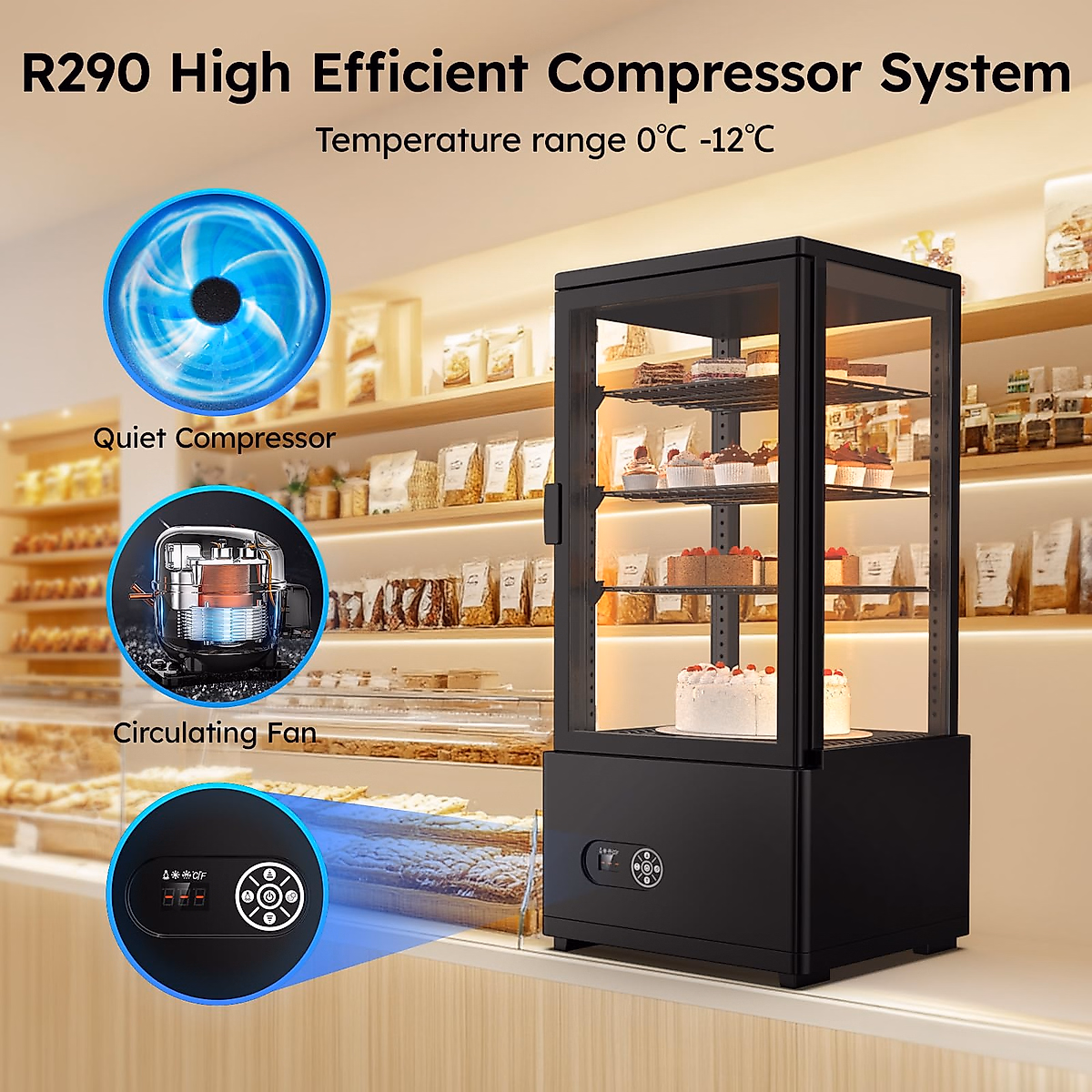 Commercial Display Cake Refrigerator, 3Cu. FT (86 L) Commercial Refrigerator Display Case, Double-Layered Glass Display Cake Fridge with Interior LED Lighting, Ideal for Home, Store and Cafe, Bakery