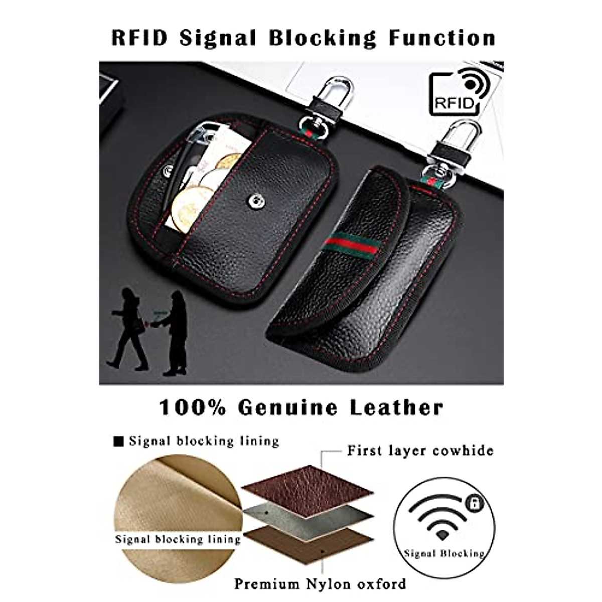 VAWcornic 2 Pack Faraday Bag for Car Key Fob, Genuine Leather Car Key RFID Signal Blocking Pouch Keyless Signal Block Key Case for Car Security, Anti-Theft Remote Entry Smart Fob Protection - Black