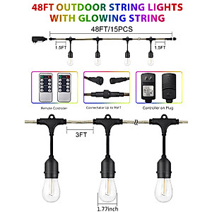 CLASShine 48ft RGB & White Outdoor String Lights Dimmable with Remote, Patio Lights Waterproof, Timer, 15 Hanging Sockets, 15+3 Edison LED Shatterproof Bulbs, Deck Porch Fence Decoration