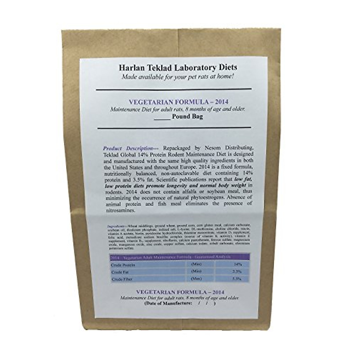 Nesom Distributing Envigo (Formerly Harlan) Teklad Adult Rat Food Diet Global 2014 (5lbs)