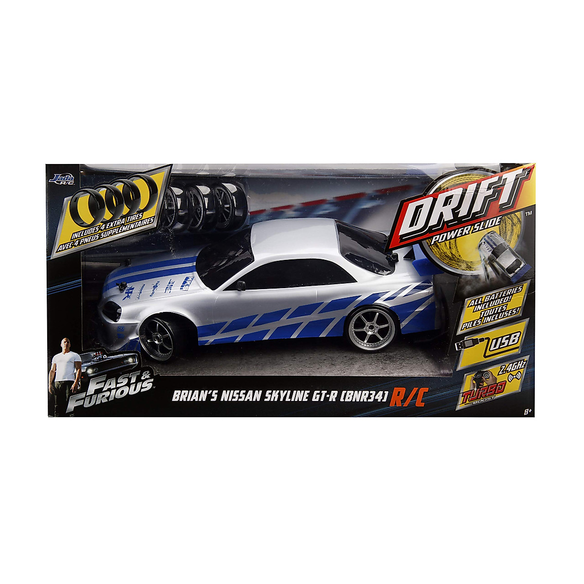 Jada Toys Fast & Furious Brian's Nissan Skyline GT-R (BN34) Drift Power Slide RC Radio Remote Control Toy Race Car with Extra Tires, 1:10 Scale, Silver/Blue (99701)