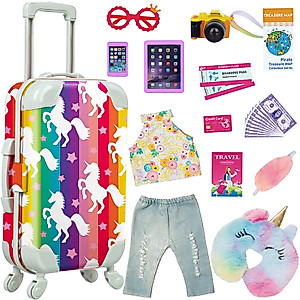 ZITA ELEMENT 24 Pcs 18 Inch Girl Doll Clothes and Accessories Travel Suitcase Set for 18 Inch Doll Accessories Unicorn Stuff