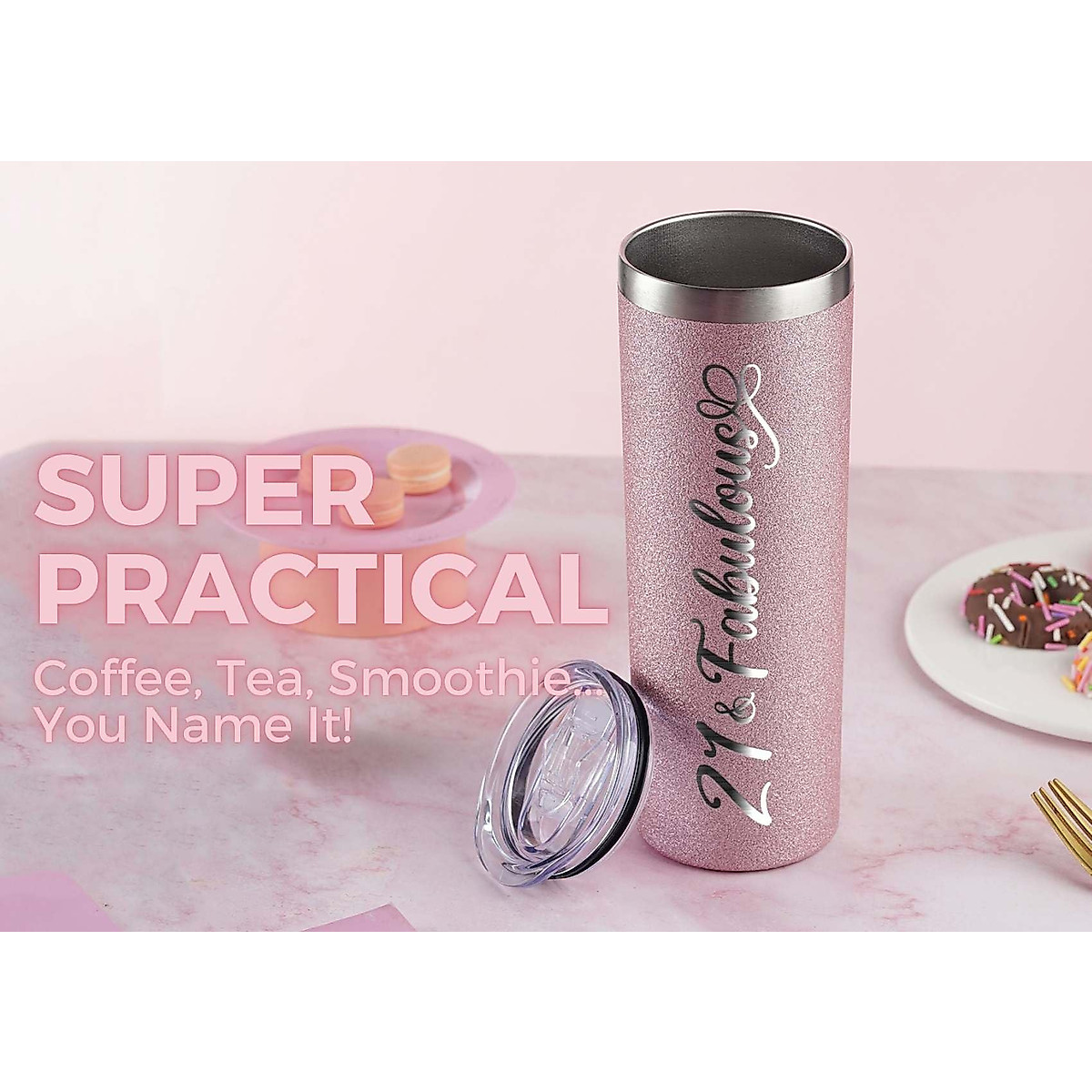 Onebttl 21st Birthday Gifts for Women, Girl, Her - 21 and Fabulous -20oz/590ml Stainless Steel Insulated Glitter Tumbler with Straw, Lid, Message Card - (Rose Gold)