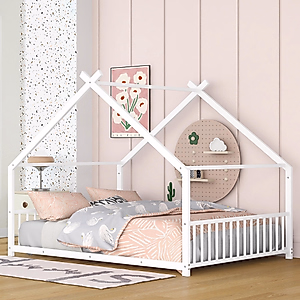 Kids Montessori Floor Bed Frame, Full Size House Bed Frame with Headband and Slats, Heavy Duty Metal Montessori Bed for Kids, Girls, Boys, White Floor Bed Full Size