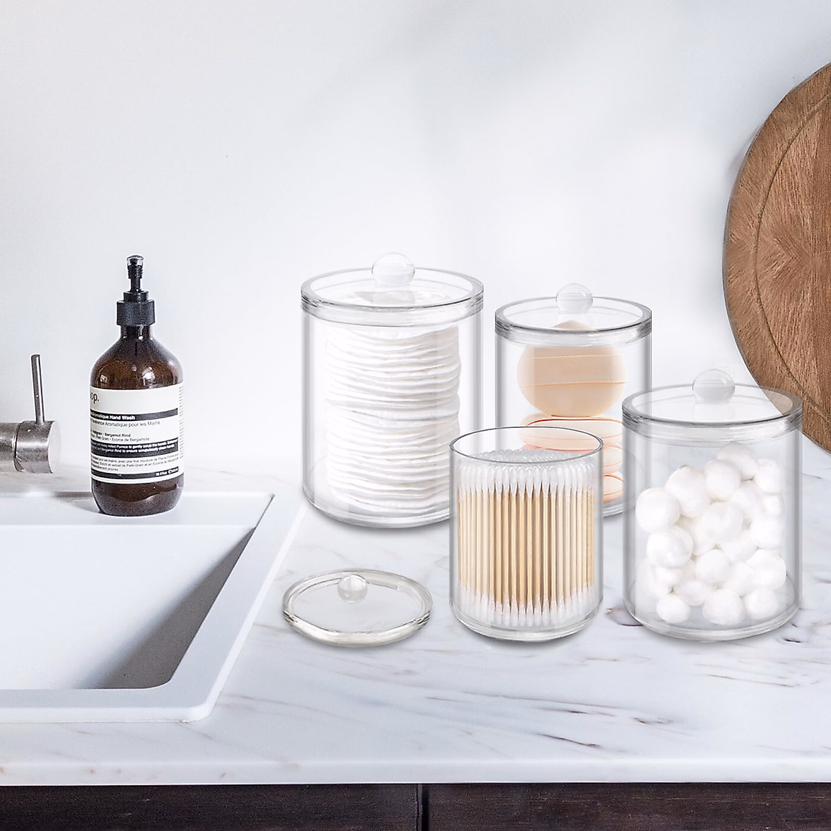 YOLCAR 4 Pack Cotton Swab Holder, Clear Acrylic Jars with Lid for Cotton Swabs, Cotton Balls, Home Decor, Bathroom Storage and Organization, Vanity Makeup Storage Organizer, 10oz and 12oz