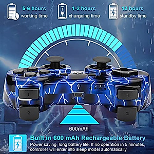 OUBANG 2 Pack Remotes Work for PS3 Controller Wireless, Cool Blue Gamepad Compatible with Playstation 3 Controller, Wireless Game Control for PS3 with Upgraded Joystick, Pa3 Controllers for PS3 Gift