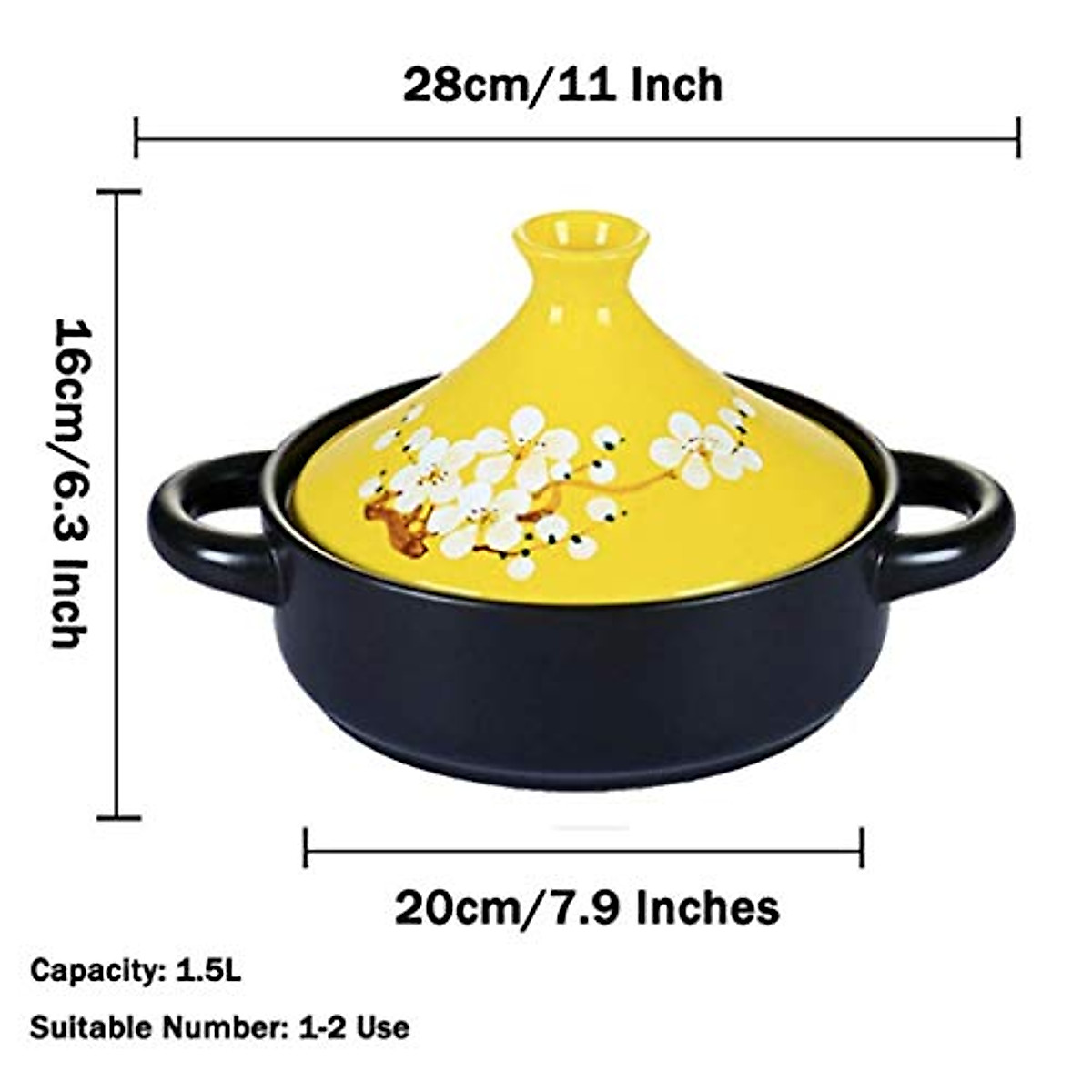 MYYINGBIN 7.9 Inches White Flower Painted Moroccan Tagine Pot Clay Ceramics Casseroles Slow Cooker with Anti-Scalding Handle Easy to Clean