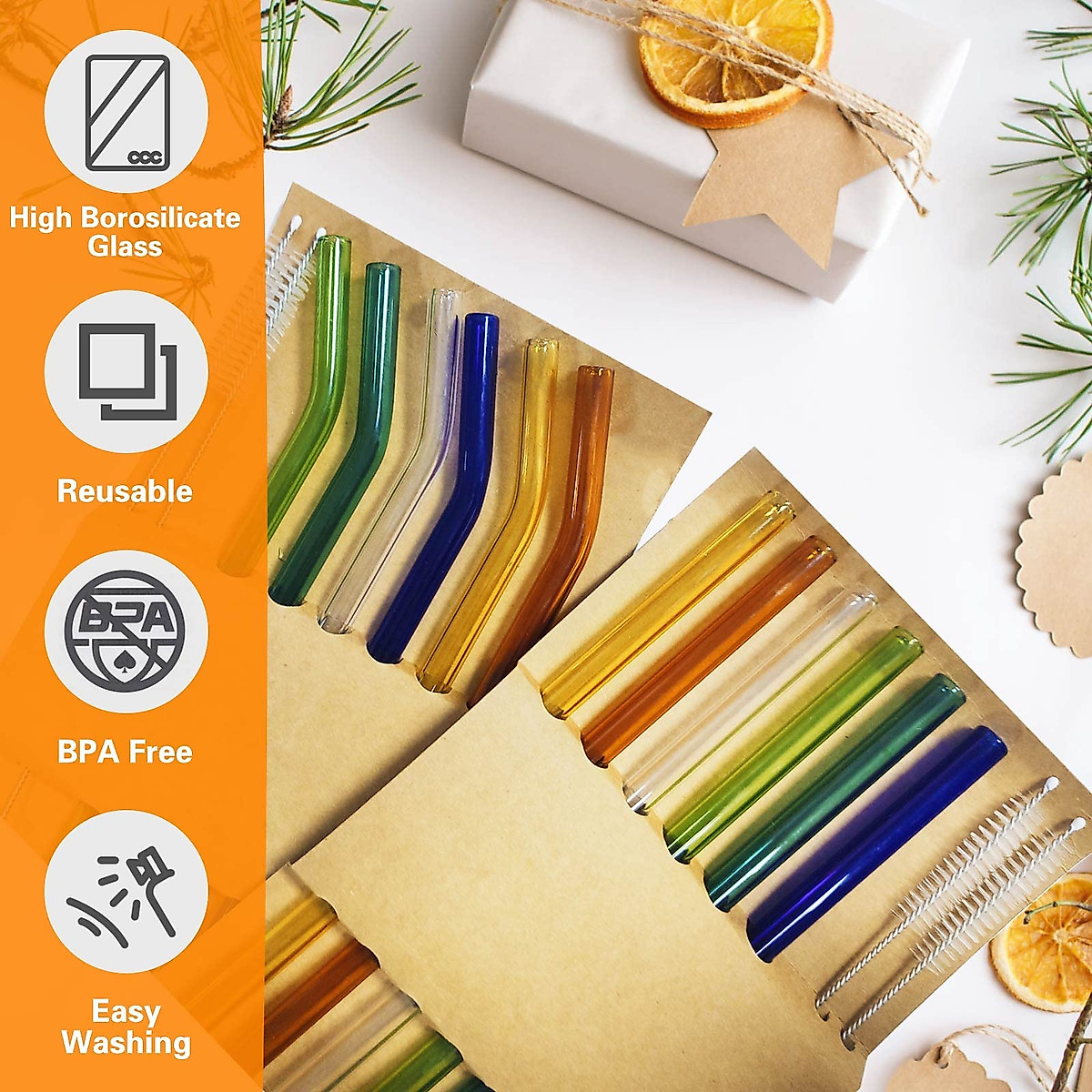 Panesor Glass Straws, 12PCS Reusable Drinking Straws with 4 Cleaning Brushes 8.5''x10 MM Multi-color 6 Straight and 6 Bent Replacement for Milkshakes Coffee Drinks Smoothies Juice 20 24 30oz Tumbler