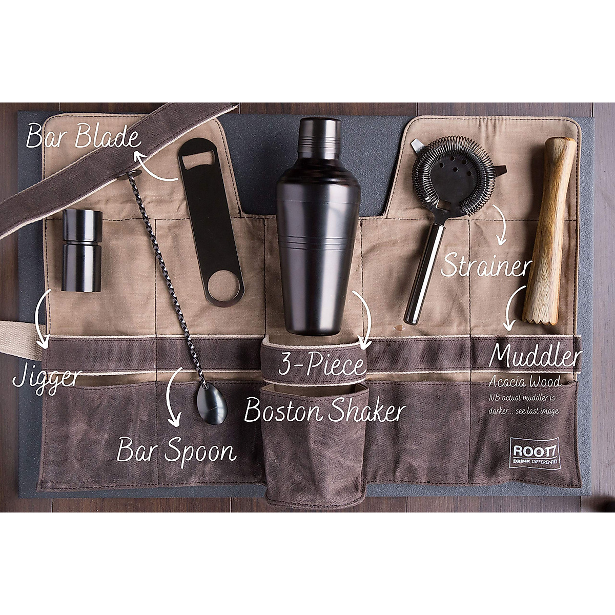 Mixology Bartender Kit | Premium Titanium Cocktail Set | 6-piece | Cocktail Shaker Set including Cocktail Shaker 19 oz, Bar Blade, Jigger, Wood Muddler, Cocktail Strainer, Bar Spoon and Wax Canvas Bag