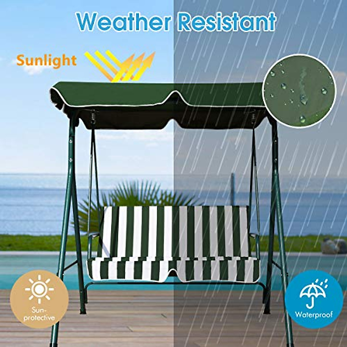 Tangkula 2-Person Patio Swing, Outdoor Yard Swing with Canopy & Cushion, Weather Resistant Steel Lounge Swing Chair for Porch, Backyard, Garden, Balcony (Green)
