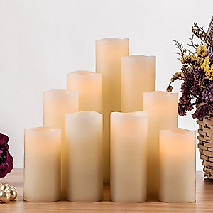RY King Battery Operated Flameless Candle Set of 9 Real Wax Pillar Decorative Led Fake Candles with Remote Control and Timer