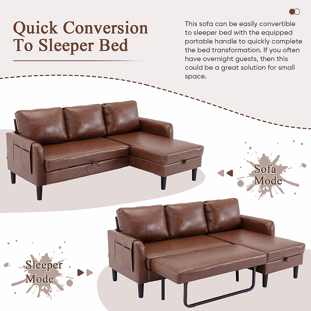 Deolme Pull Out Sleeper Sofa Bed with Storage Chaise Lounge, Modern Sleeper Couch with Side Pocket, Comfy 3 Seat Sofa Couch for Living Room, Bedroom, Home Office (Brown PU)