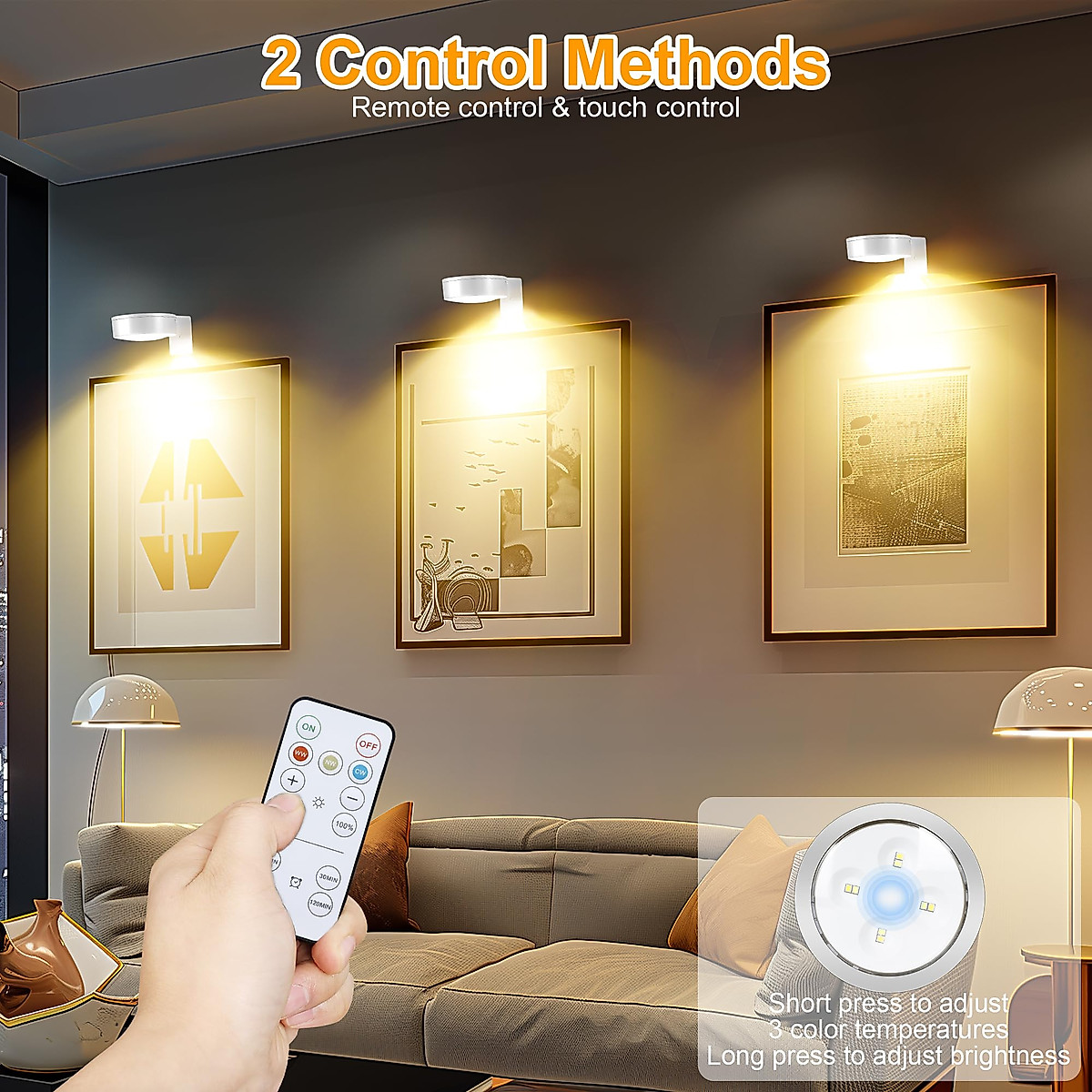 3Pcs Picture Light Battery Operated, Wireless Led Painting Light with Remote Dimmable and Timer, 3 Lighting Modes Art Display Light for Picture Frame Artworking Portrait, Wall Decorative Puck Lights