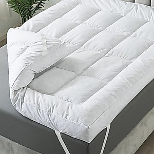 WhatsBedding 5 Inch Duck Feather Bed Queen Size, 100% Cotton Extra Thick Mattress Topper, Overfilled Pillow Top, Hotel Collection Mattress Topper, 60x80 in, 17LB