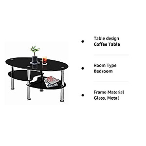 Nidouillet 3 Tier Tempered Glass Table with Glass Shelves and Stainless Steel Legs, Oval-Shaped Coffee Table Living Room Home Furniture 35.4" x 19.7" x17.7 (L x W x H)- Black AB026