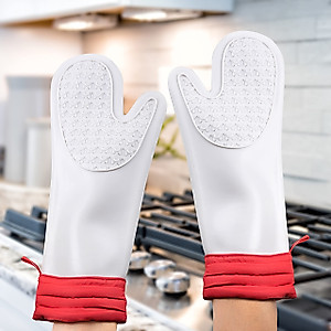 Silicone Oven Mitt, 2 Count- Extra Long 17 Inch Sleeve for Max Protection- Heat Resistant, Waterproof Non Slip Silicone for Easy Grip, Kitchen Gloves for Cooking, BBQ, Potholders w Soft Inner Lining