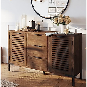 Bme Sideboard Premium Solid Wood Buffet Cabinet with Storage, Pre-Assembled 3 Drawers & 2 Doors, Rustic Chestnut, 55 inch, Chesnut