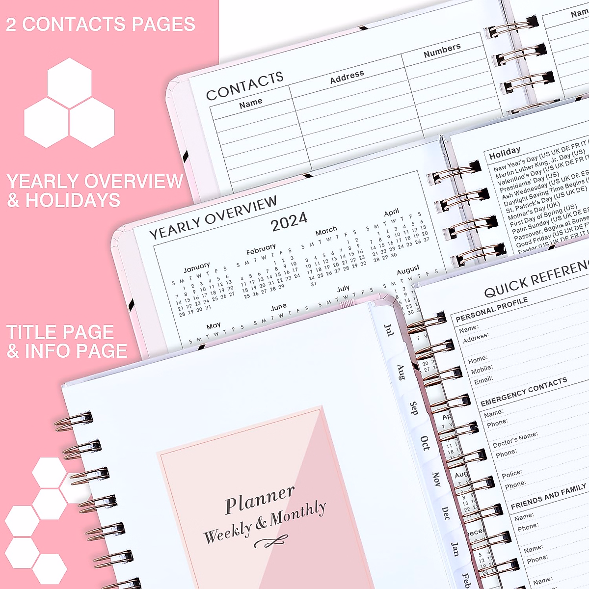 2024-2025 Planner - July 2024 - June 2025, Planner 2024-2025, 6.3" x 8.4", 2024-2025 Weekly and Monthly Planner with Marked Tabs - Pink Marble
