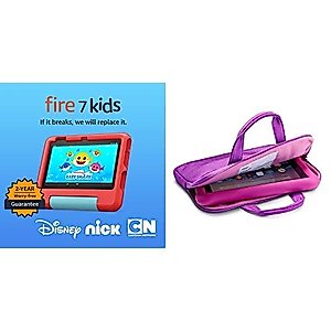 Amazon Fire 7 Kids tablet, 7" display 32GB (Red) + Kids Zipper Sleeve (Pink)