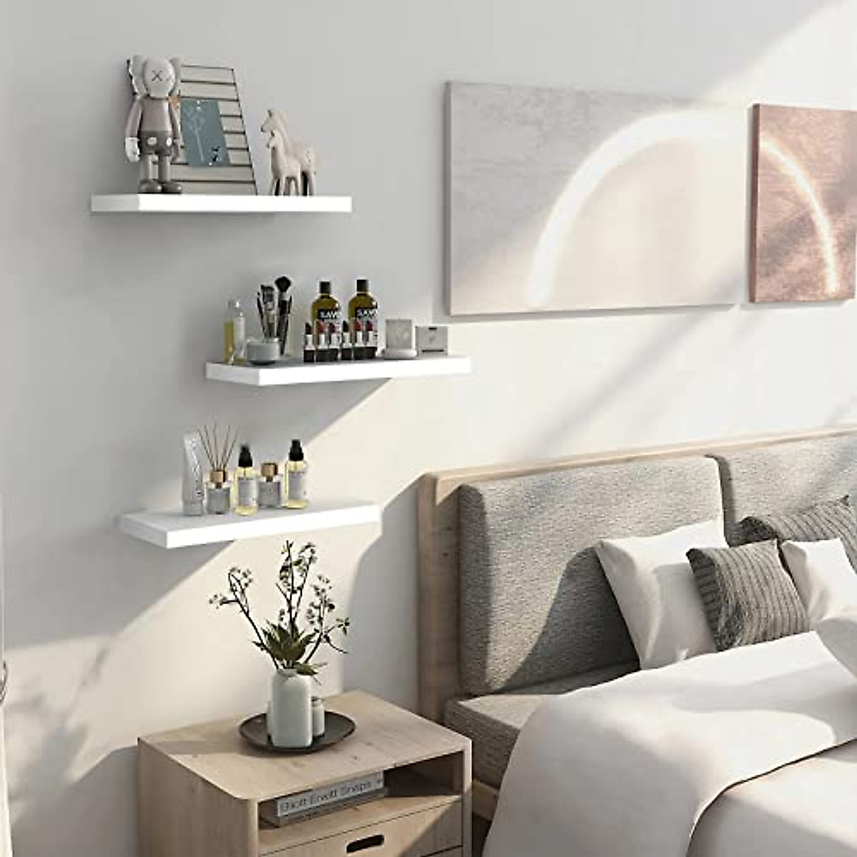 VOGGV White Floating Shelf, Wall Mounted Shelves with Invisible Brackets, Wall Shelves for Bathroom, Bedroom, Office, Living Room, Kitchen, Shelves for Wall Decor Storage, Set of 3