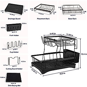 etship Dish Drying Rack with Drainboard Set, Stainless Steel 2 Tier Large Dish Racks for Kitchen Counter, Dish Drainer with Utensil Holder, Dish Strainers with Extra Drying Mat (Black)