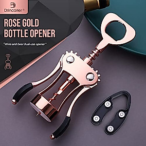 Drincarier Wine Opener, Zinc Alloy Premium Wing Corkscrew Wine Bottle Opener with Multifunctional Bottles Opener, Upgrade (Rose Gold Opener With Foil Cutter)……
