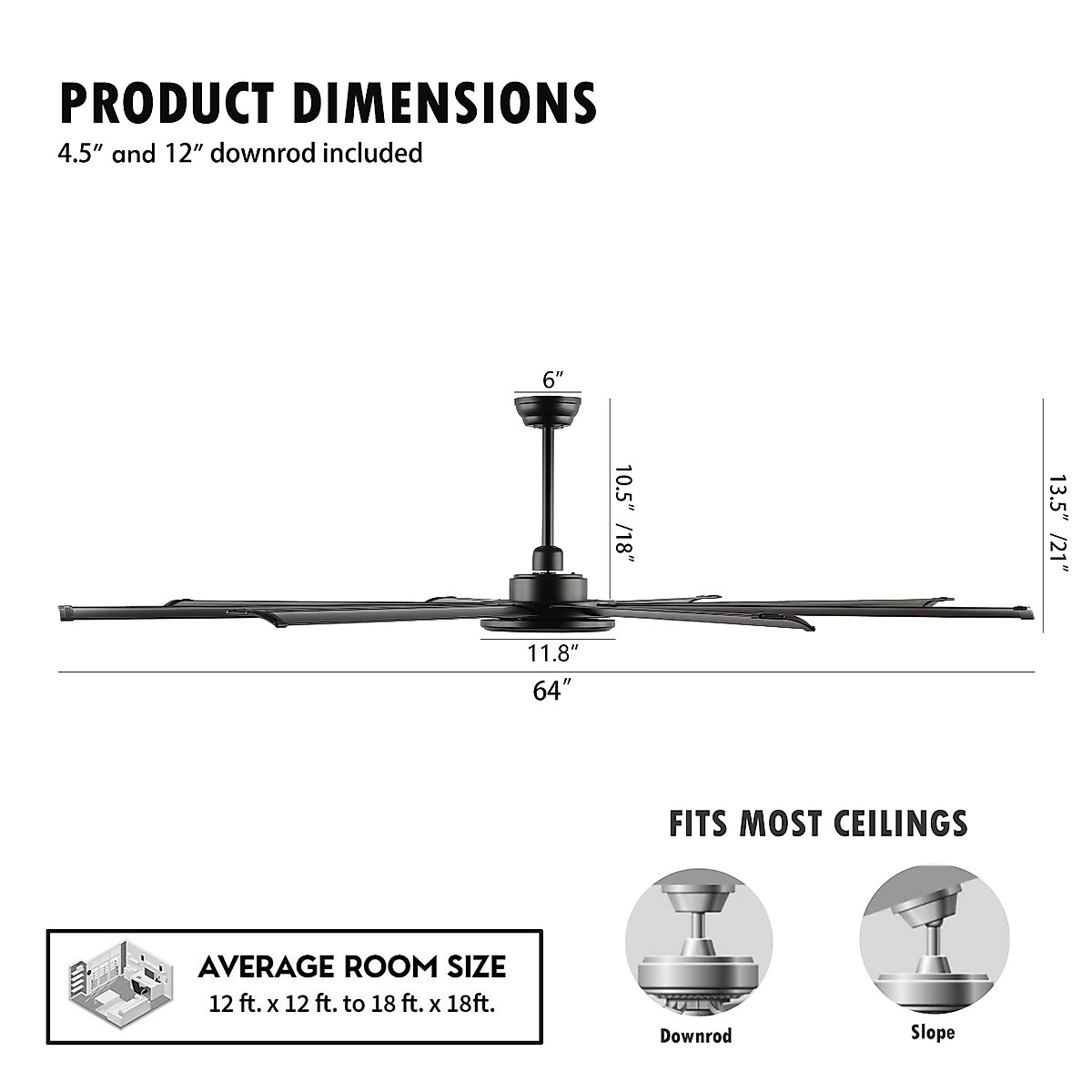 WINGBO 64" Ceiling Fan with Lights and Remote Control, Matte Black Ceiling Fan, 8 Reversible Blades, 6-Speed Noiseless DC Motor, Modern Ceiling Fan for Kitchen Bedroom Living Room, ETL Listed