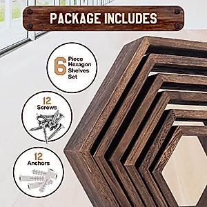 6 Piece - Hexagon Shelves Set | Honeycomb Floating Wooden Shelves | Great Hanging Shelf Option for Home or Office Wall Decor - Dark Brown