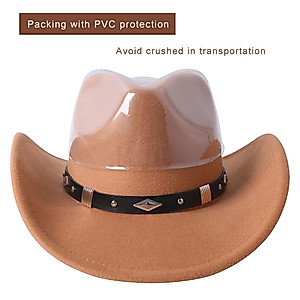 Lanzom Women Men Classic Felt Wide Brim Western Cowboy Cowgirl Hat with Belt Buckle(Black, Large)