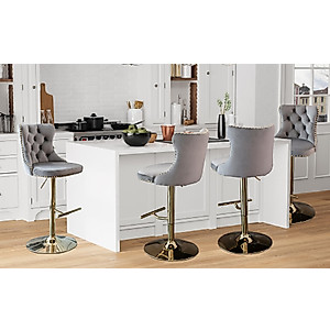 Aoowow Swivel Bar Stools Set of 4,Adjustable Barstools with Back Velvet Tufted Counter Stools Modern Upholstered Bar Chairs with Nailhead for Kitchen Island Restaurant Pub Counter