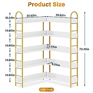 5-Tier Gold Bookcase, L-Shape Corner Bookshelf White & Gold, Modern Display Shelf Book Shelves with Adjustable Foot, Freestanding Storage Shelves for Home Office Use