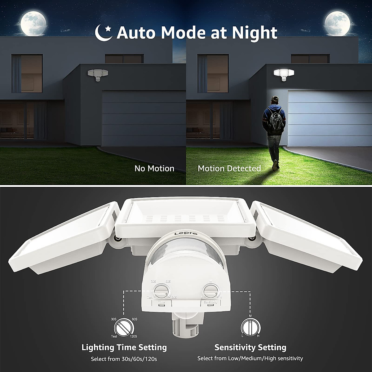 Lepro LED Security Lights, Outdoor Motion Sensor Light, Flood Lights with 3 Adjustable Heads, 270° Wide Lighting Angle, 27W 3200LM Super Bright, IP65 Waterproof for Yard Porch Garage, White