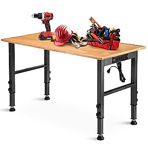 OLBRUS 48 "Adjustable Workbench with Power Outlet, Heavy Duty 2000 LBS Load Capacity Hardwood Workbench Suitable for Workshop, Office, Garage, Home