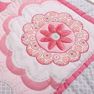 5 PCs Pink Floral Nursery Crib Bedding Set Embroidery Birds Flower Baby Girl Cot Bedding Set Quilt + Fitted Sheet + Skirt + Window Valance + Changing Pad Sheet