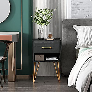 FAMAPY Nightstands Set of 2, Bedside Table Side Table with Drawer & Shelf, Industrial Style, Gold Metal Legs, End Table Black (15.7”W x 11.8”D x 23.6”H)