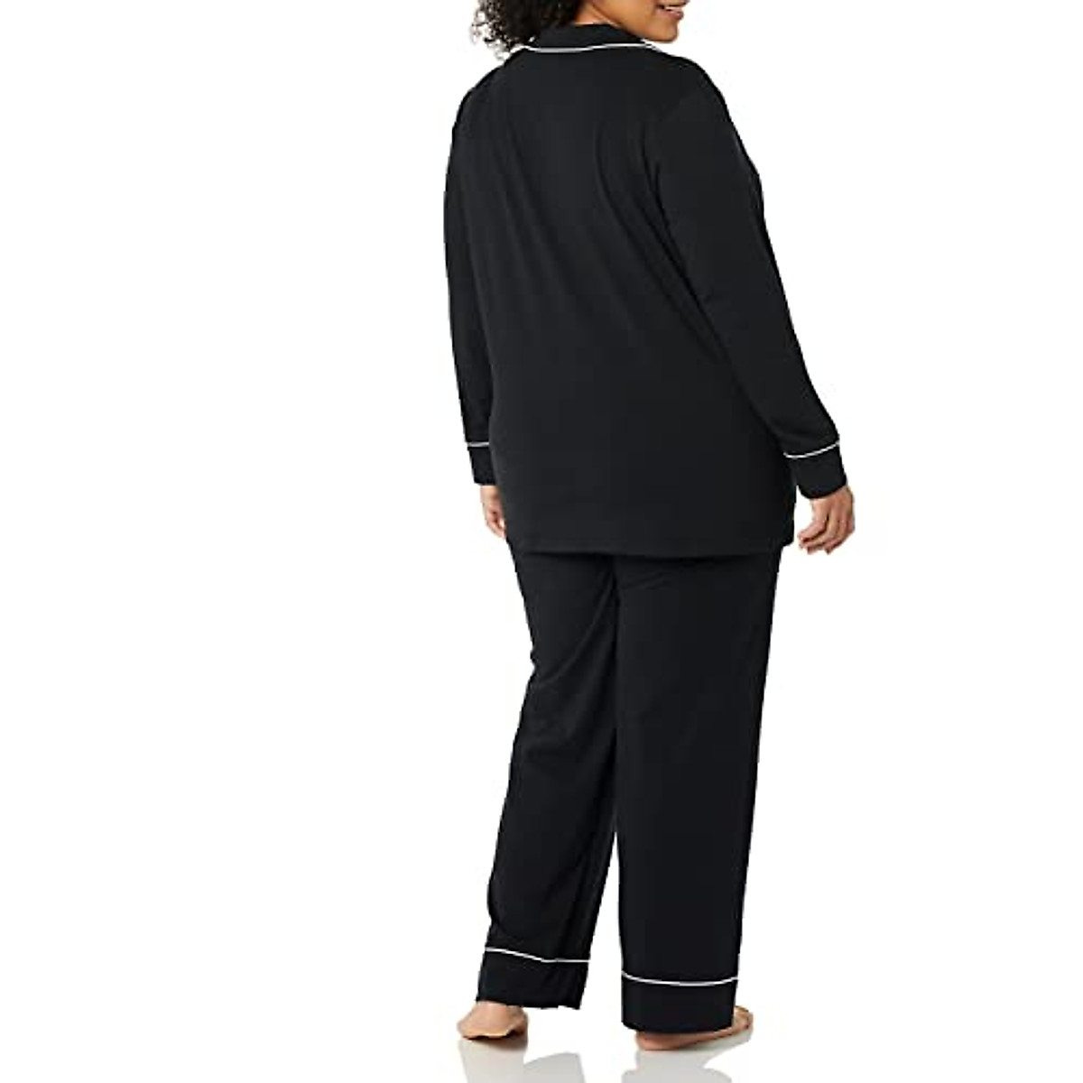 Amazon Essentials Women's Cotton Modal Long-Sleeve Shirt and Full-Length Bottom Pajama Set, Black, Small
